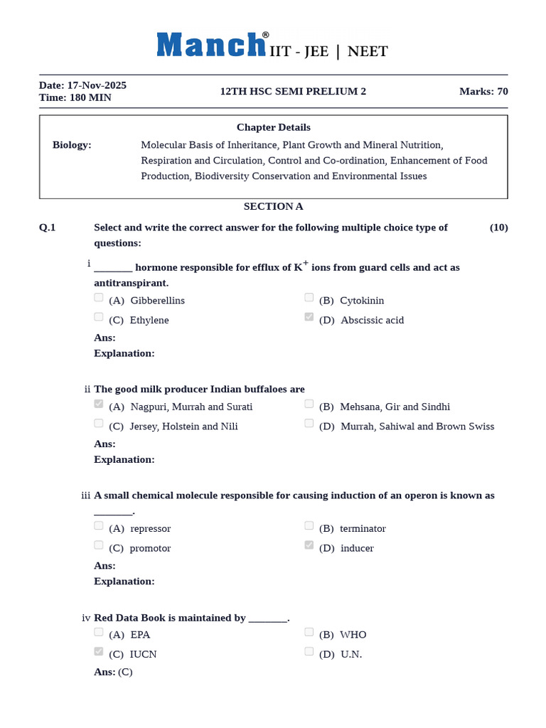 12th Bio Semi Prelium 2 AP | PDF | Spinal Cord | Vein