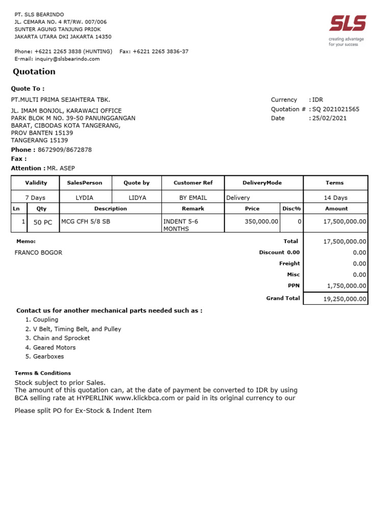 Quote Multi Prima Sejahtera | PDF | Manufactured Goods