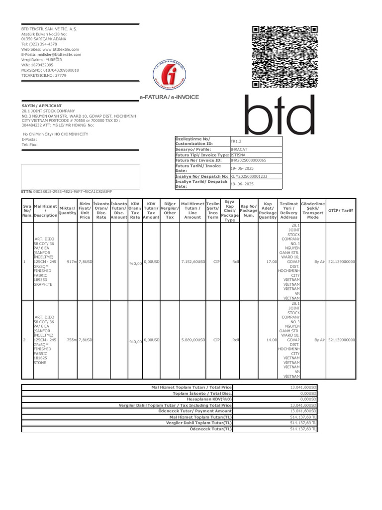 Invoice Joint Stock Company Ihr2025000000065 | PDF