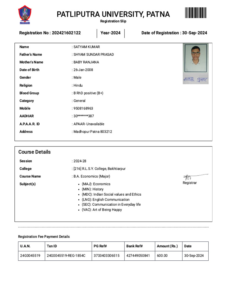 24G0045519 - 202421602122 - Registration Slip | PDF