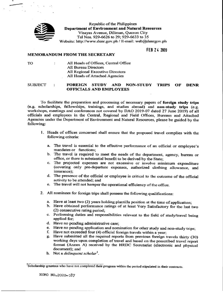 Denr Memo From The Sec For Foreign Trips With Annexes | PDF