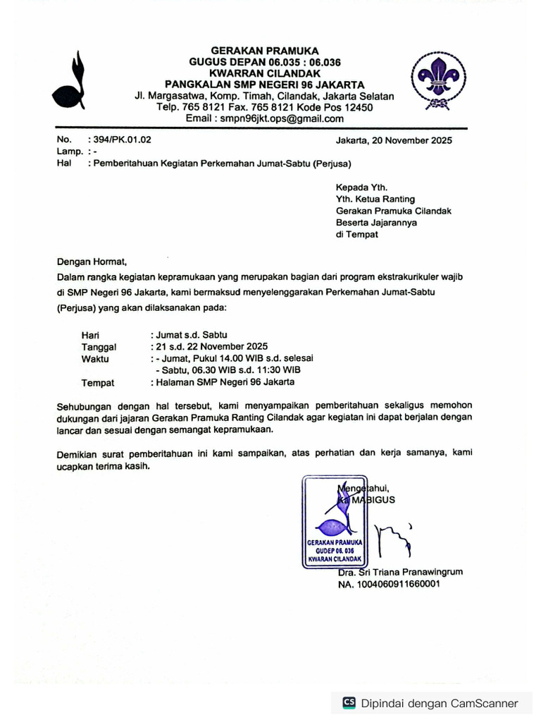 Surat Pemberitahuan Kegiatan Perjusa Pangkalan SMPN 96 Jakarta ...