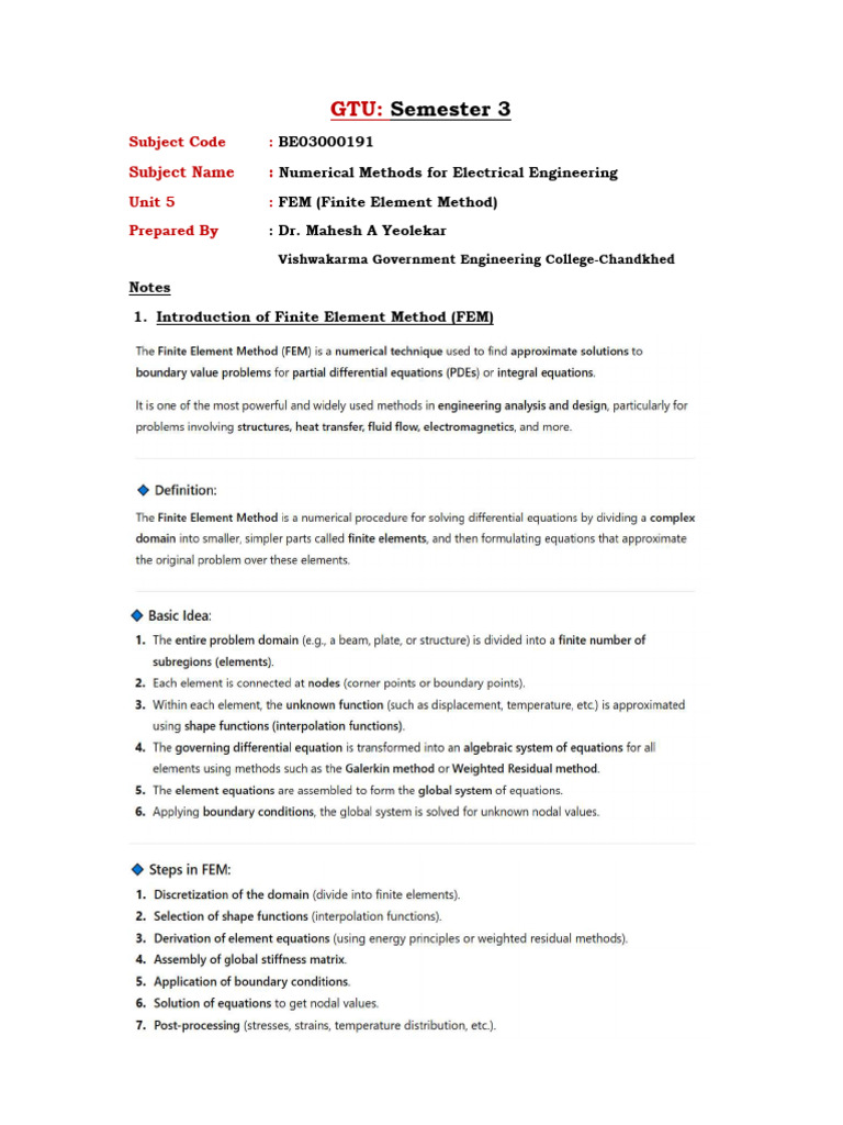 Sem3 Ele Pe Nmee Unit5 Fem Note | PDF | Finite Element Method ...