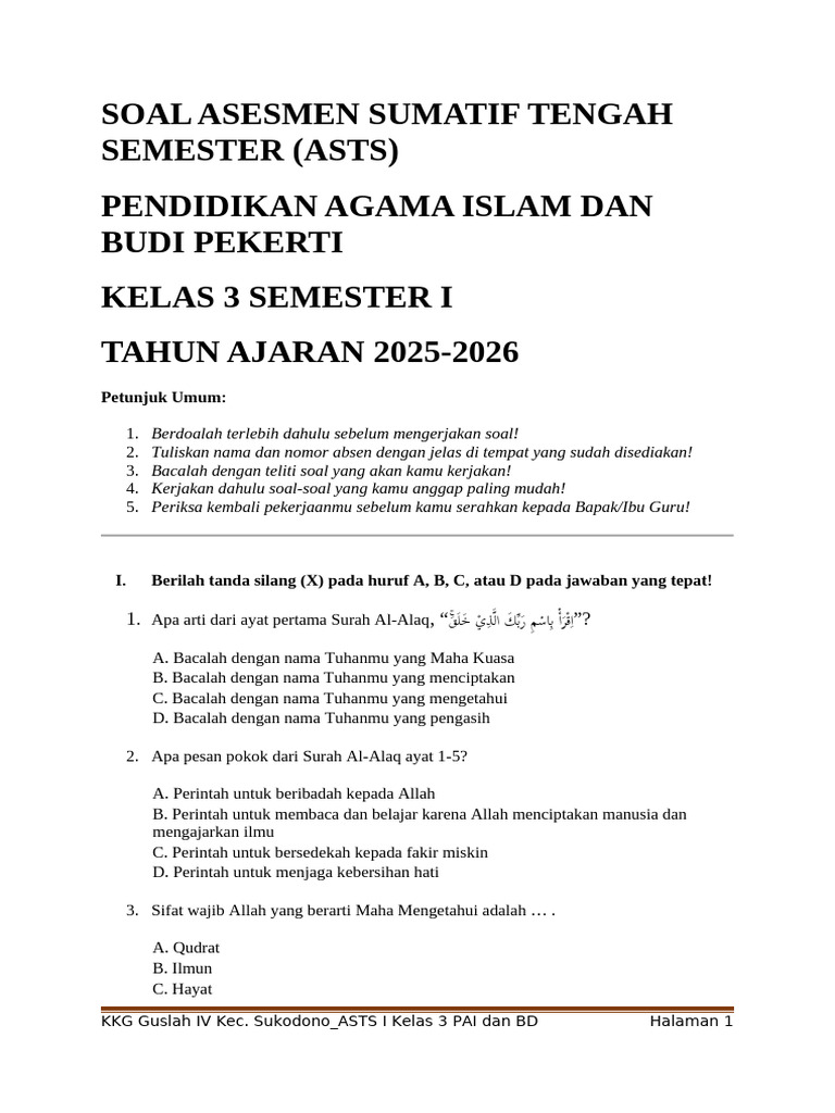 918745841 Soal Asts Pai Dan Bp Kelas 3 Semester i Tahun Ajaran 2025 2026 | PDF
