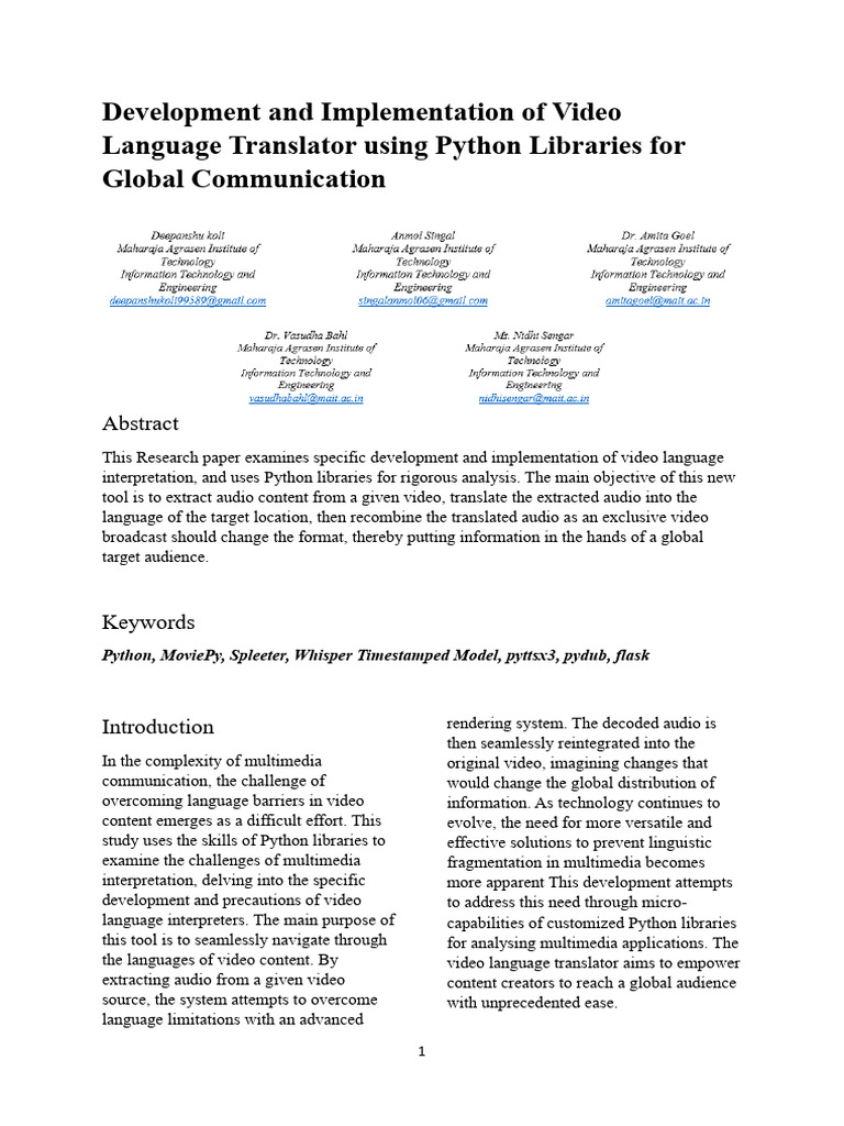Development and Implementation of Video Language Translator Using Python Libraries | PDF ...