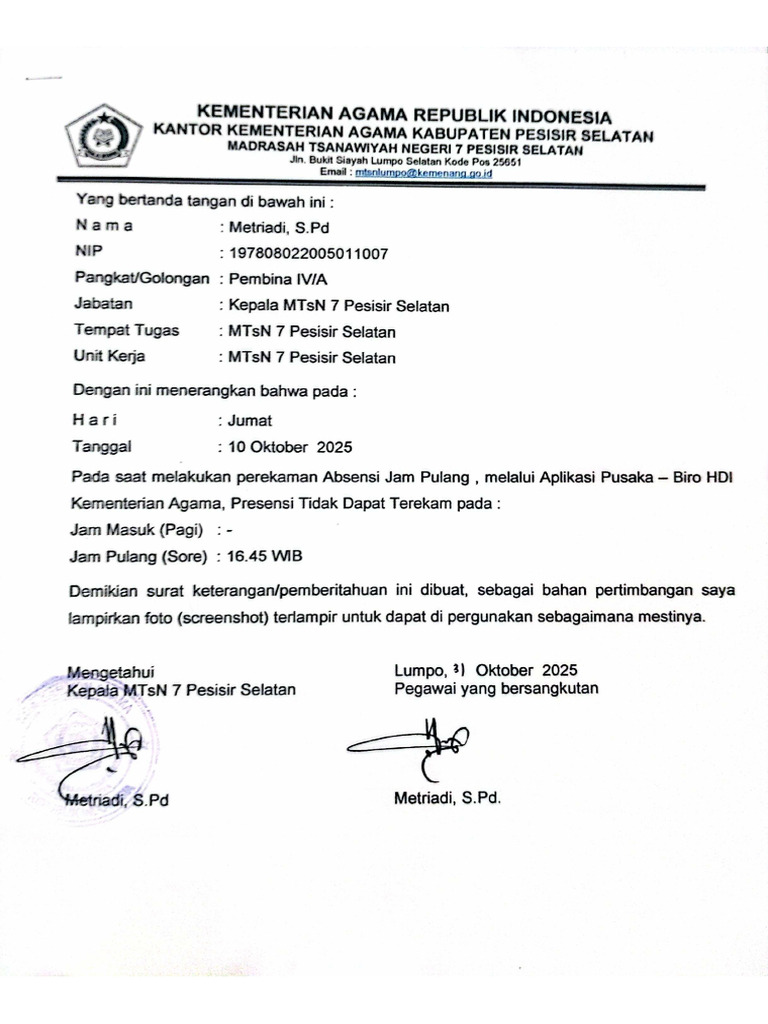 Surat Absen Eror Metriadi Bulan Oktober 2025 | PDF