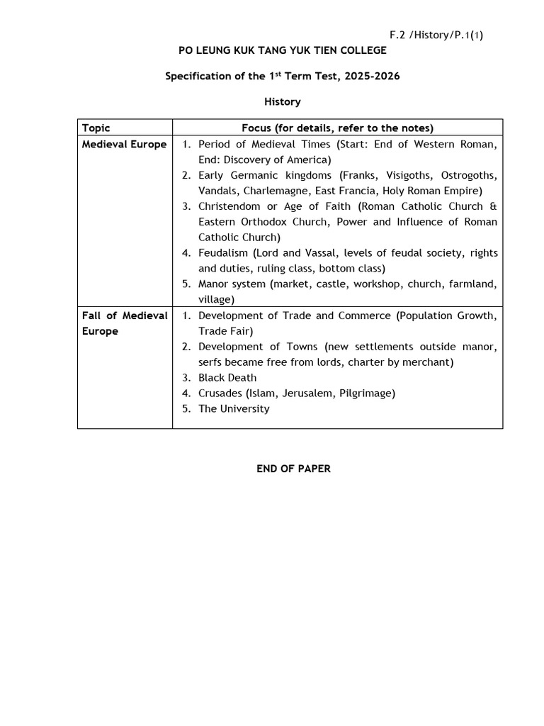 2025-2026 History Test: Medieval Europe | PDF