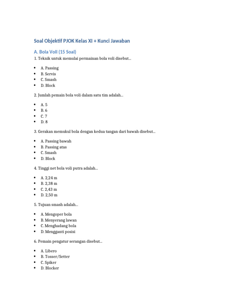 Soal PJOK Kelas XI dan Kunci Jawaban | PDF