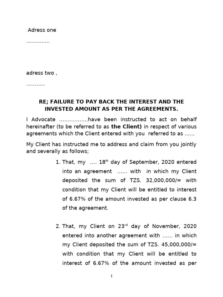 Legal Demand for Investment Repayment | PDF | Interest | Business