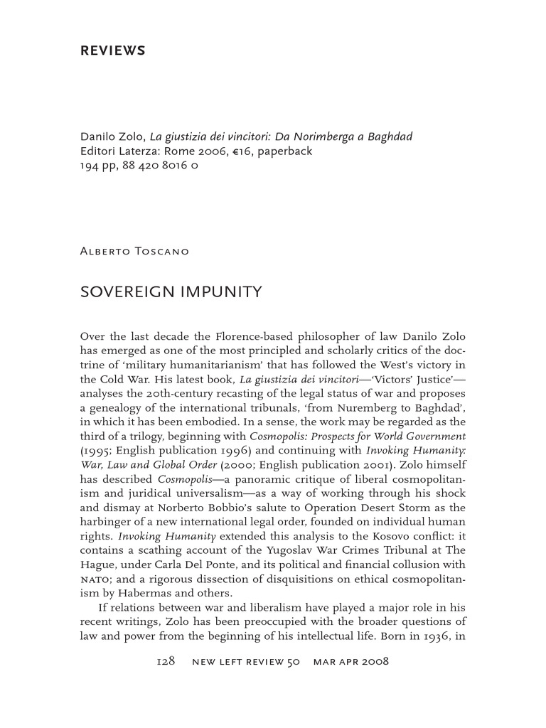Alberto Toscano, Sovereign Impunity, NLR 50, March April 2008 | PDF ...