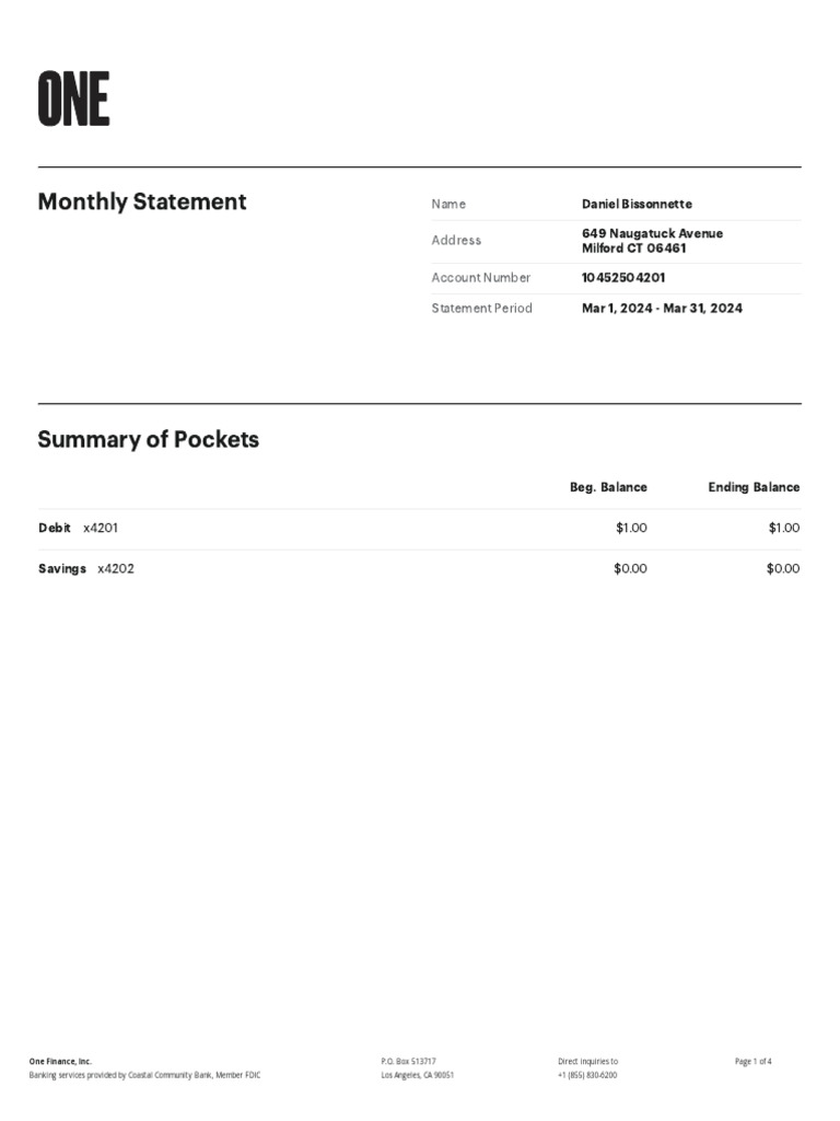 Monthly Statement: Daniel Bissonnette 649 Naugatuck Avenue Milford CT ...