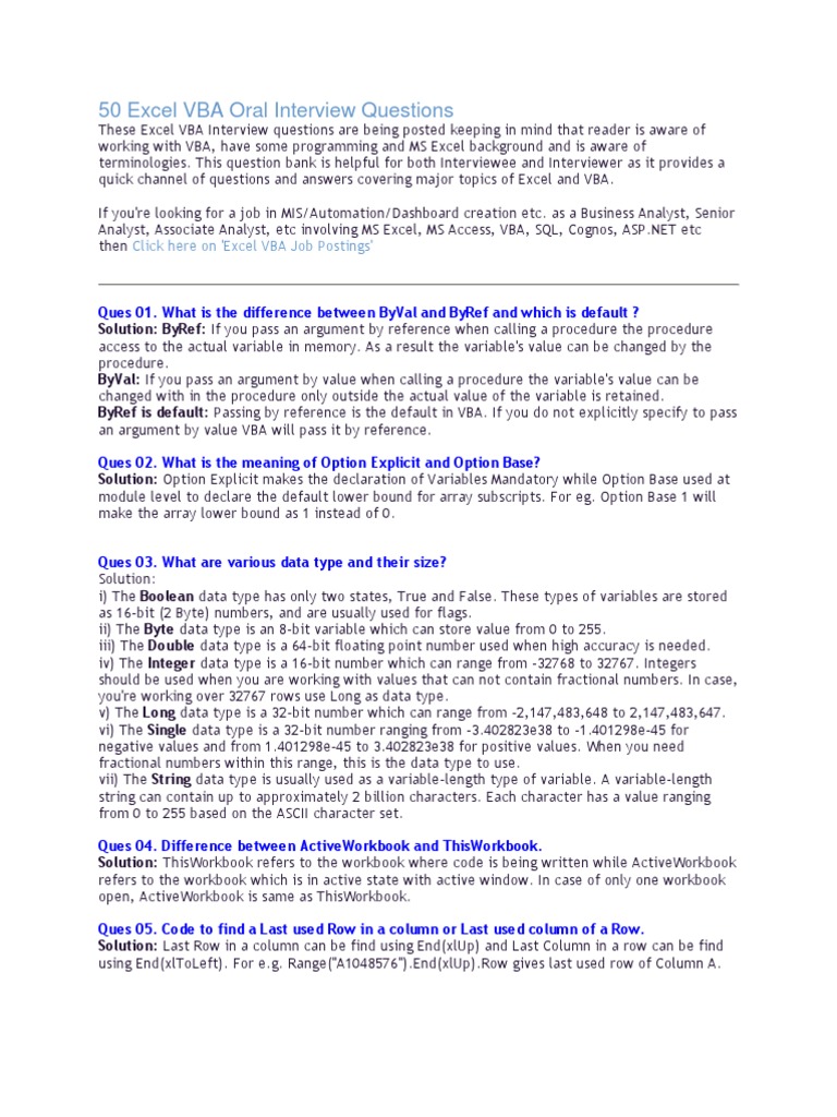 50 Excel VBA Oral Interview Questions | PDF | Microsoft Excel | Visual Basic For Applications