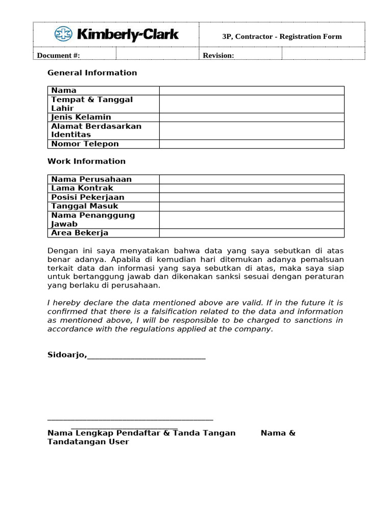 Formulir Pendaftaran Kontraktor 3P | PDF