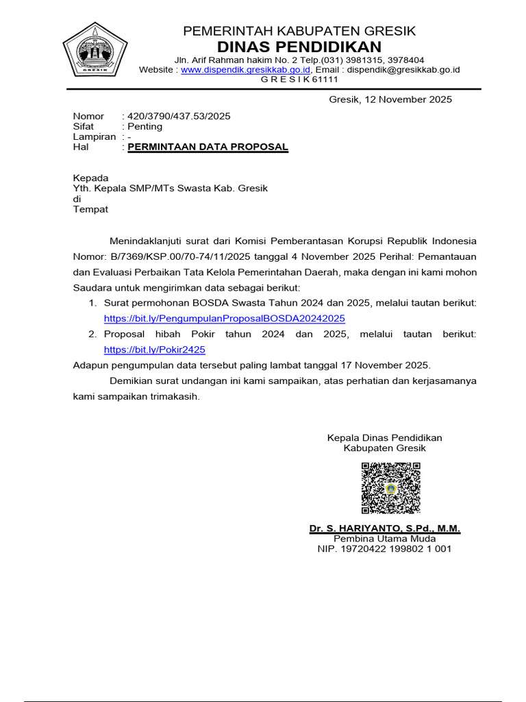 Permintaan Data Proposal BOSDA Gresik | PDF