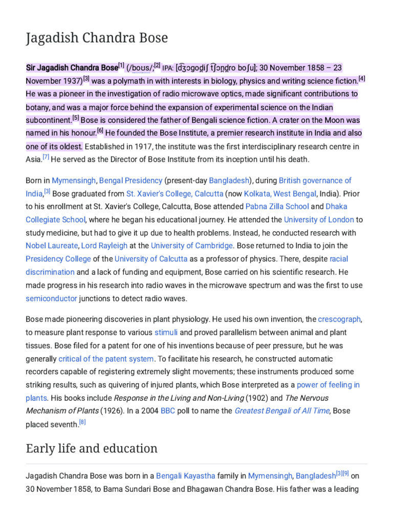Jagadish Chandra Bose: Pioneer of Science | PDF