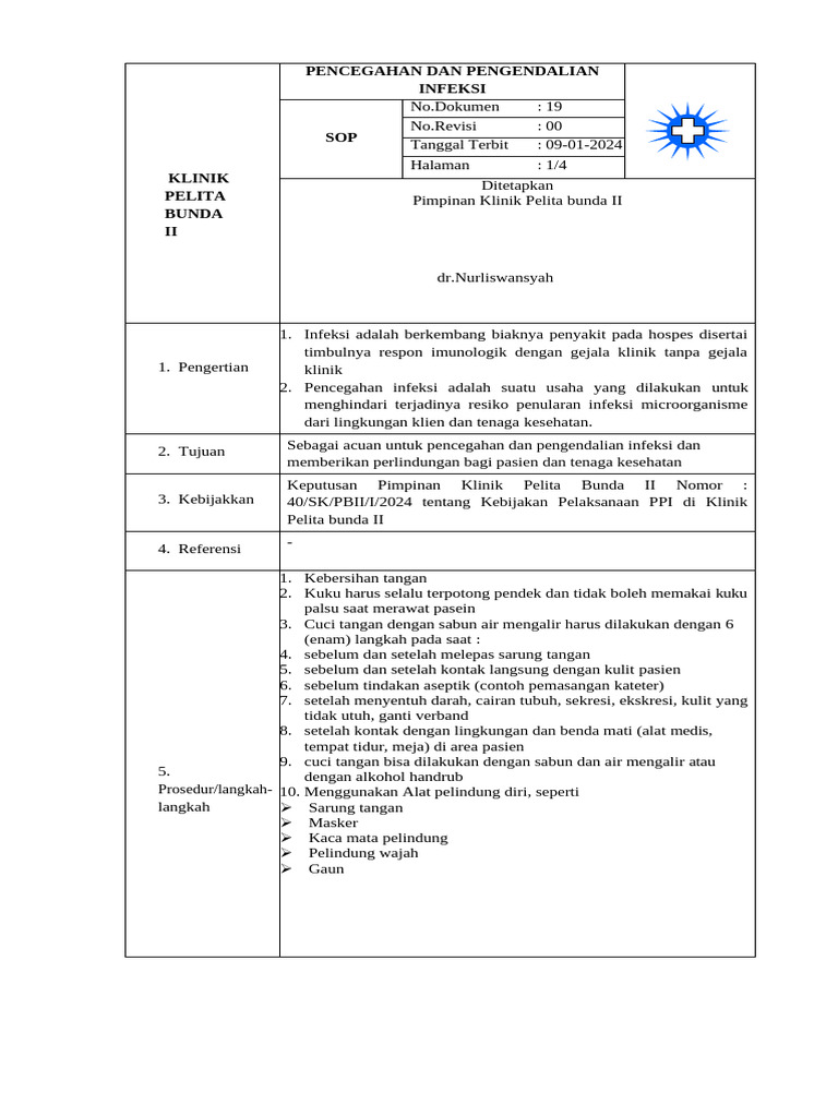 SOP Pencegahan Infeksi Klinik Pelita Bunda II | PDF
