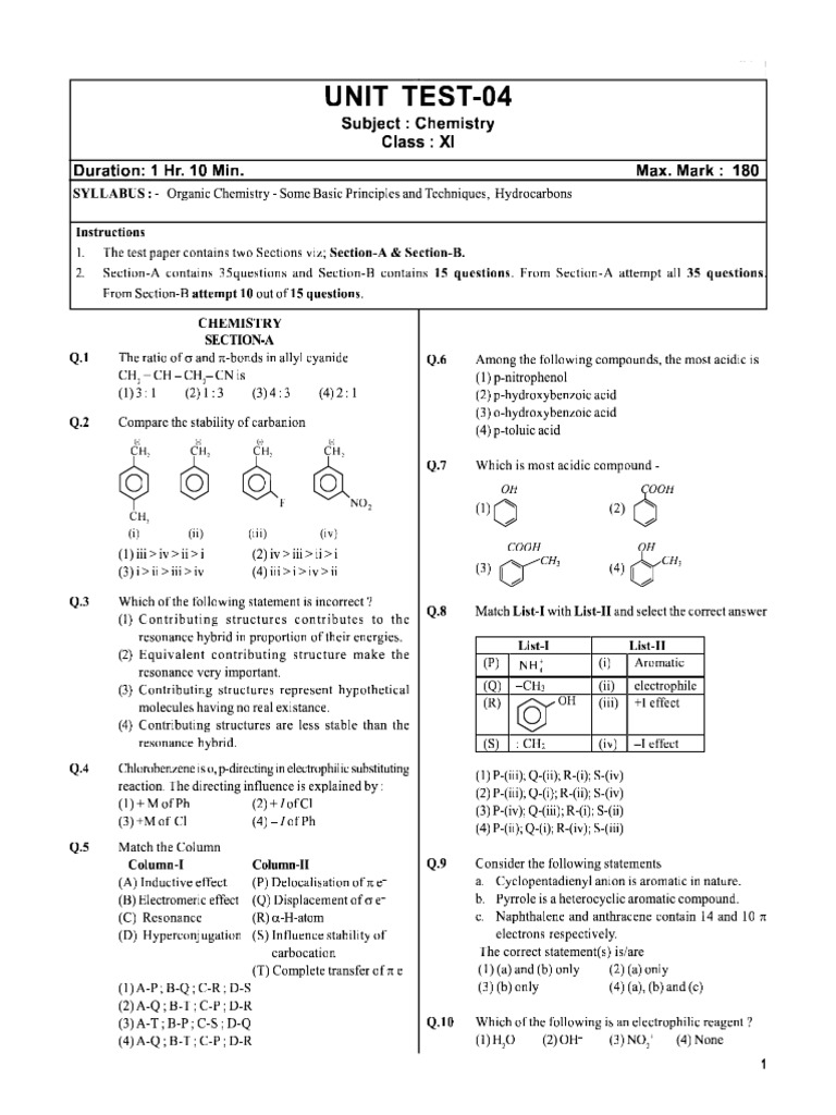 Chemistry (XI) Unit Test-04 Eng Print | PDF