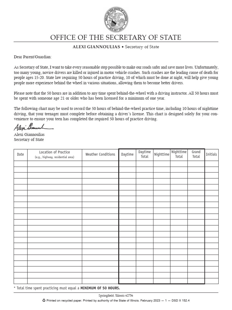 50-Hour Practice Driving Log - Under Age 18 Applicant | PDF | Vehicle ...