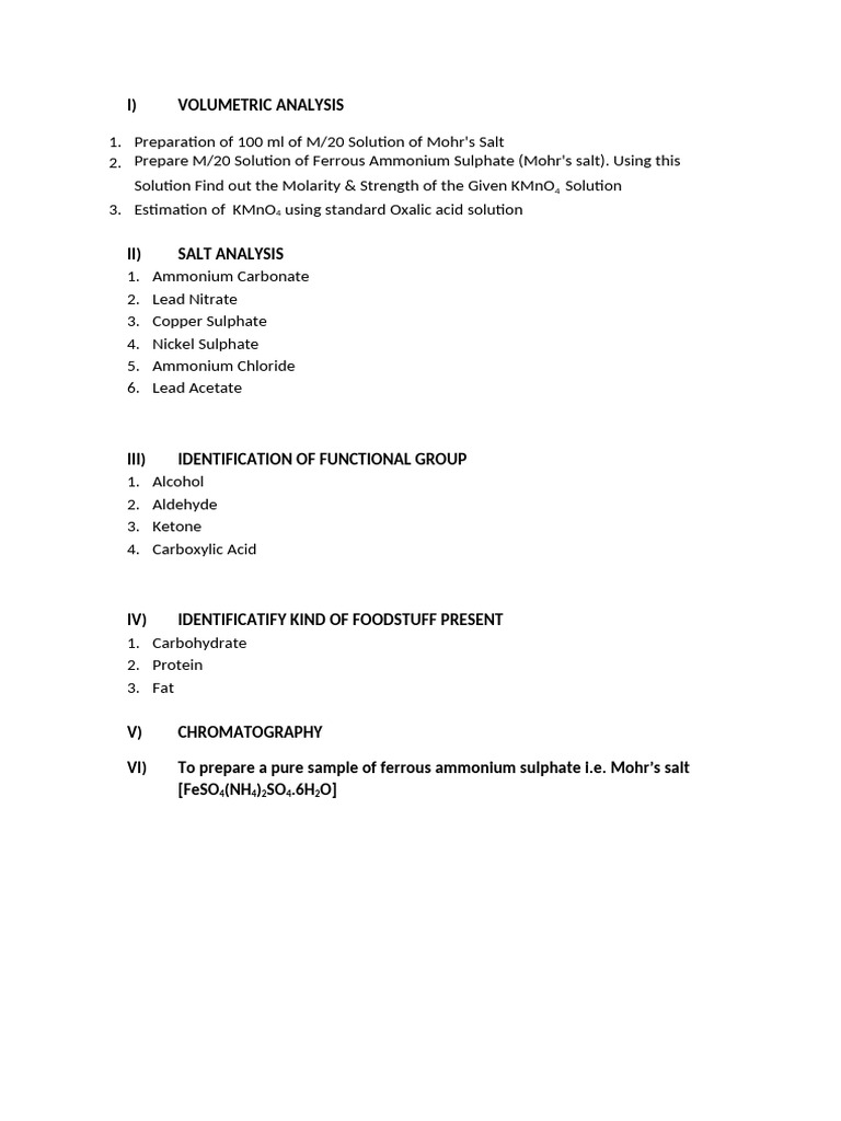 List of Cbse Chemistry Practicals | PDF