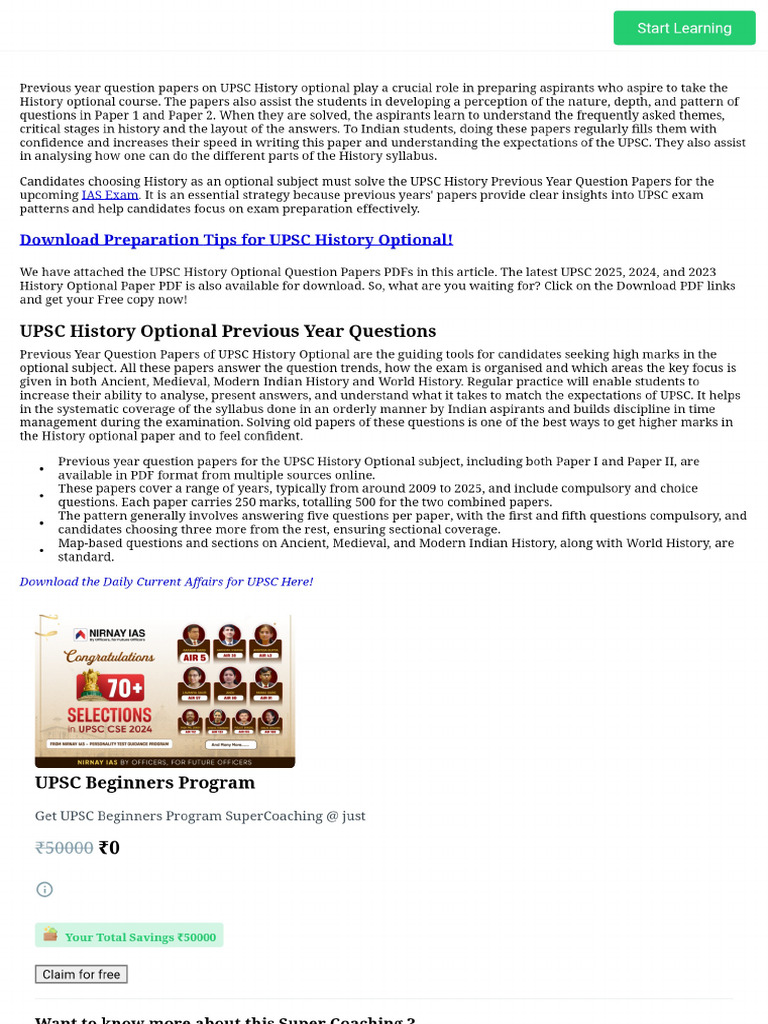 UPSC History Optional Question Papers (2009 - 2025) | PDF