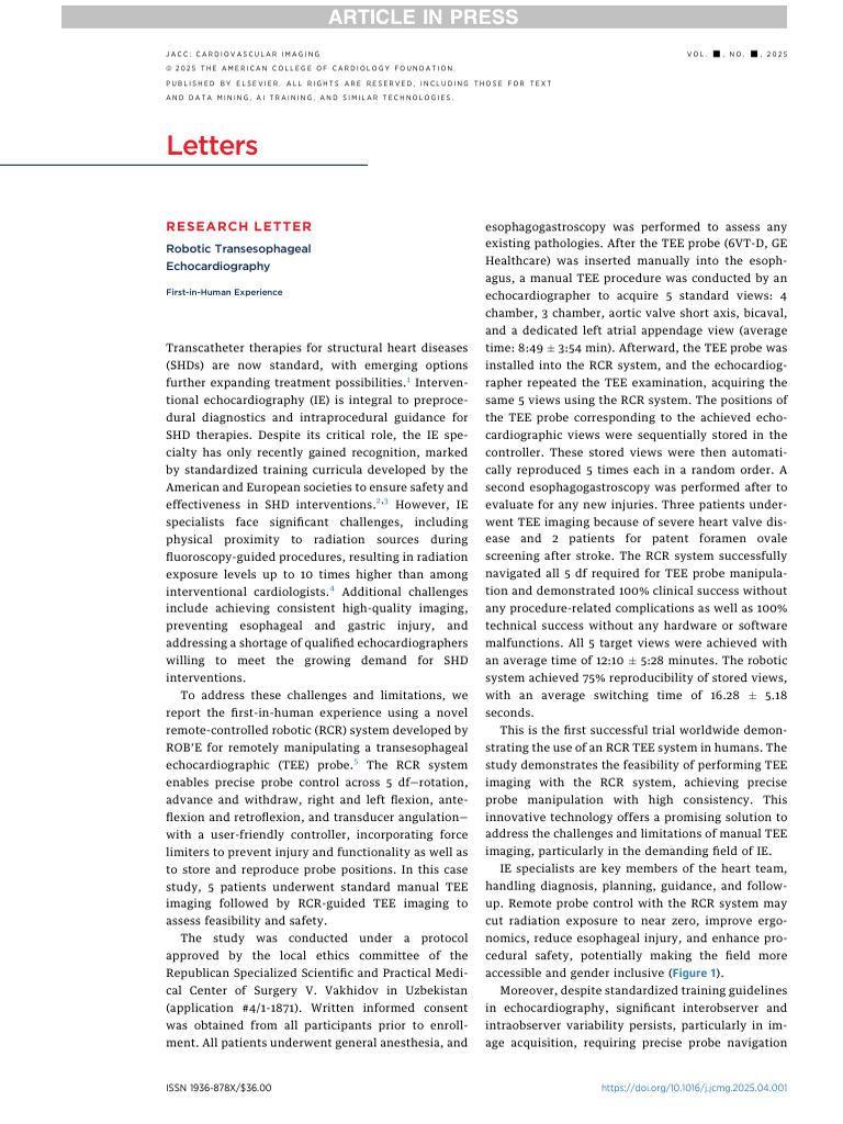 Robotic TEE: First Human Trial Results | PDF | Echocardiography ...
