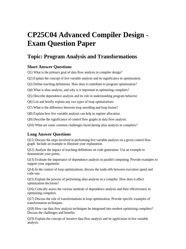 Advanced Compiler Design Exam Questions | PDF | Program Optimization ...