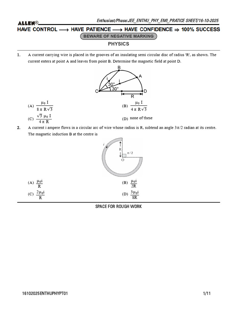 JEE Advanced Physics EMI Practice Sheet | PDF | Magnetic Field | Force