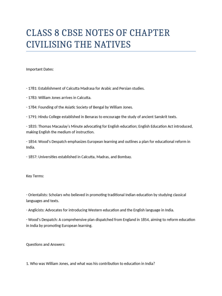 CBSE Class 8 Civilising Natives Notes | PDF