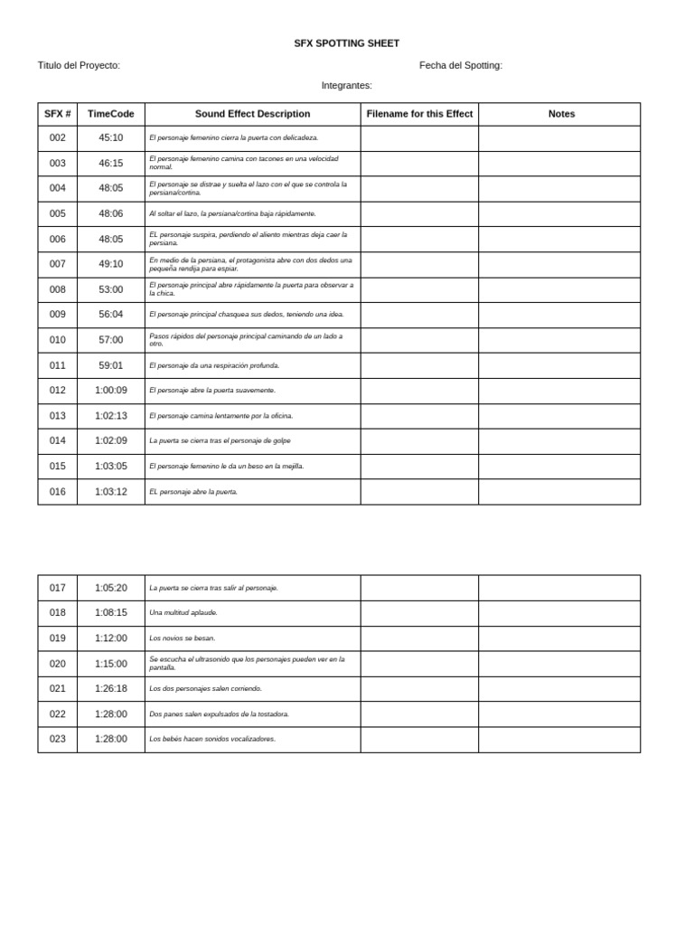 Sonido - SFX Spotting Sheet | PDF