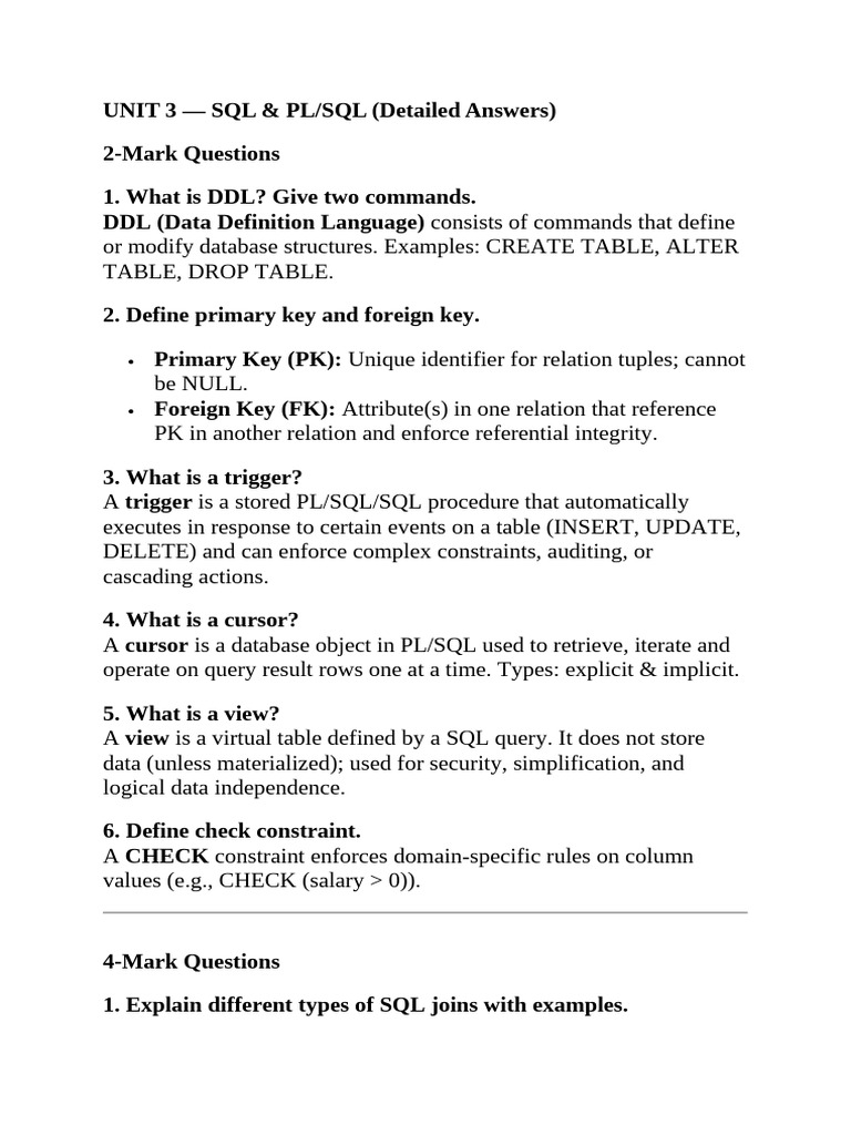 UNIT 3 | PDF | Sql | Pl/Sql