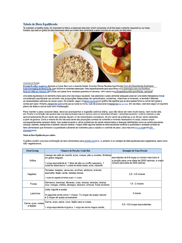 Tabela de Dieta Equilibrada Diária | PDF | Vegetarianismo | Carne