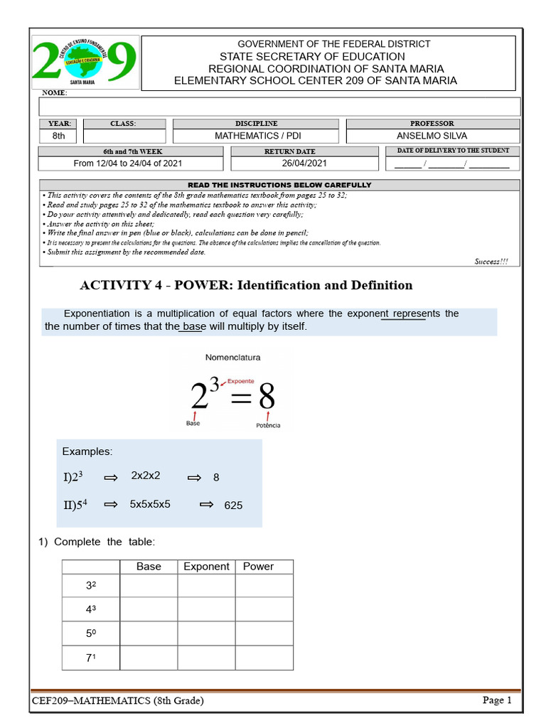 Activity (Adapted) Exponentiation - Identification and Definition | PDF | Multiplication ...