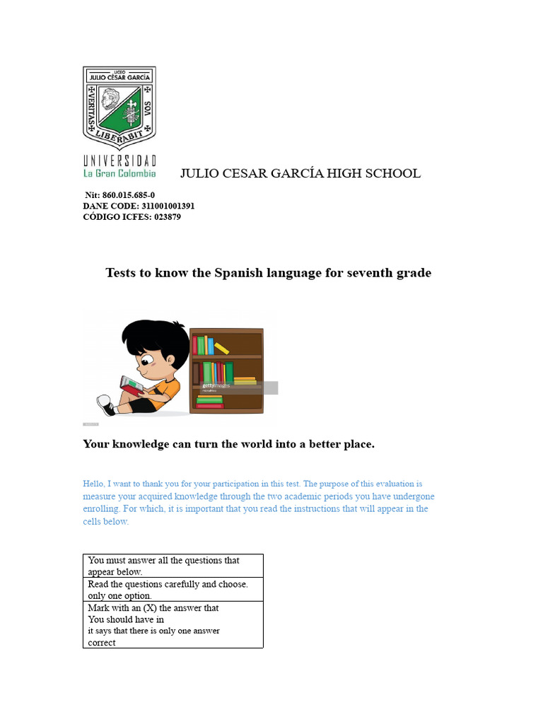 Seventh Grade Test | PDF | Spanish Language | Word