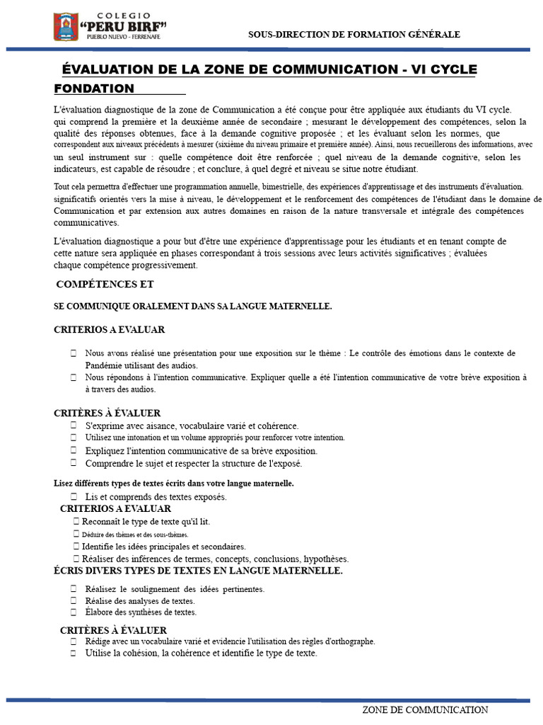 Évaluation Diagnostique VI Cycle Communication | PDF | Vaccins | Émotions