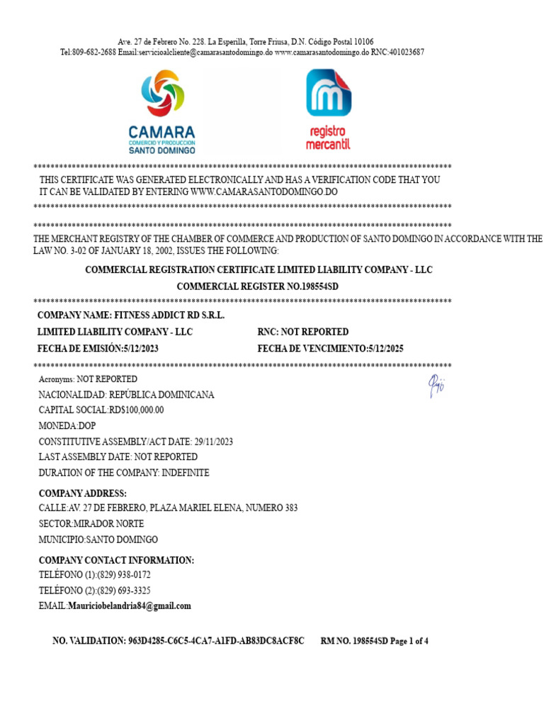 Fitness Addict RD LLC Registration Certificate | PDF | Authentication