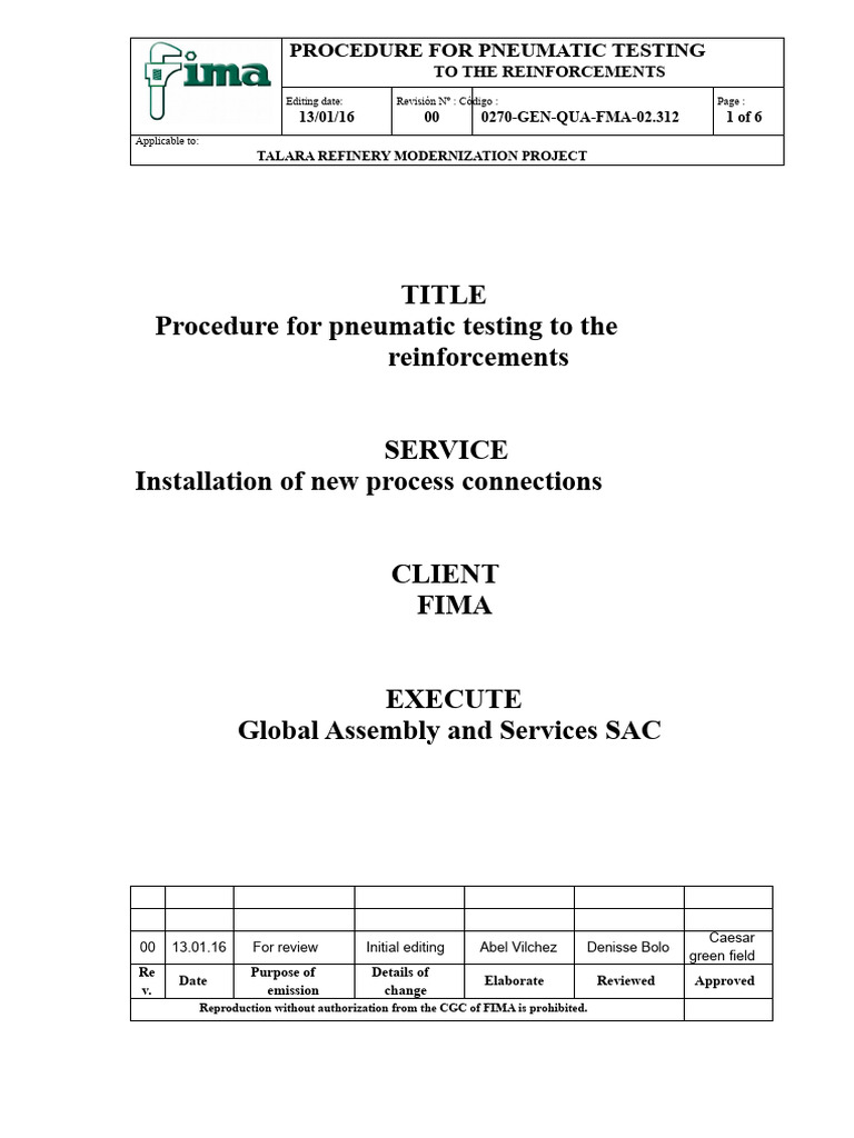 Pneumatic Testing Procedure for Refinements | PDF | Welding | Construction