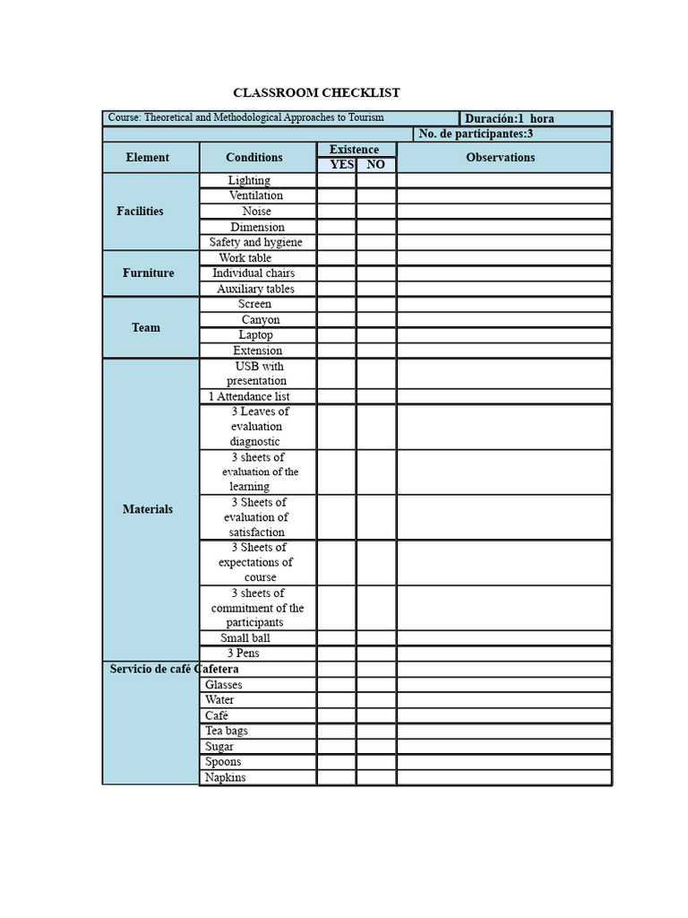 Classroom Checklist for Tourism Course | PDF