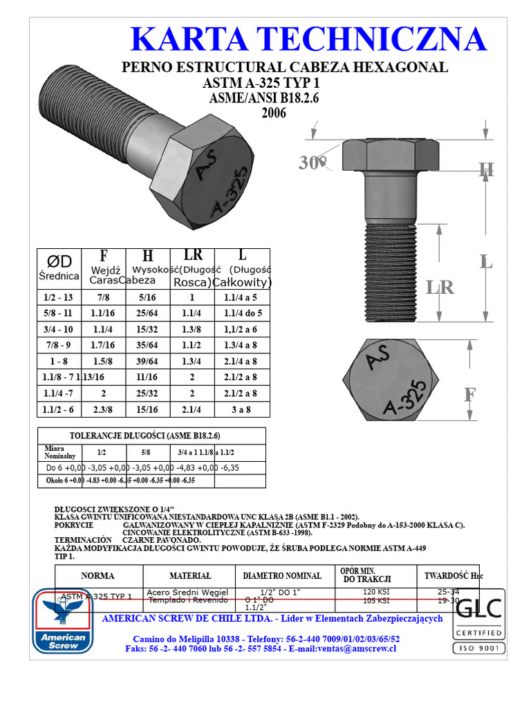 178308919 Karta techniczna elementu konstrukcyjnego Perno ASTM A 325 Typ 1 | PDF