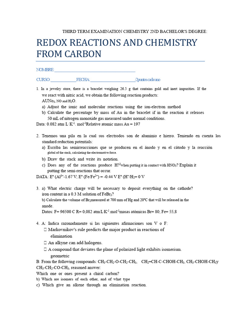 Third Term Exam Chemistry 2ND Bachelor | PDF | Chemical Reactions | Redox