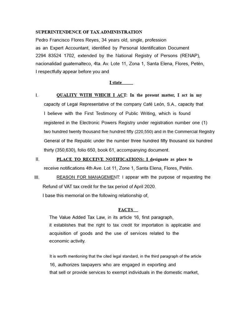 Memorandum of Request For Refund of Vat Tax Credit Optional Regime ...