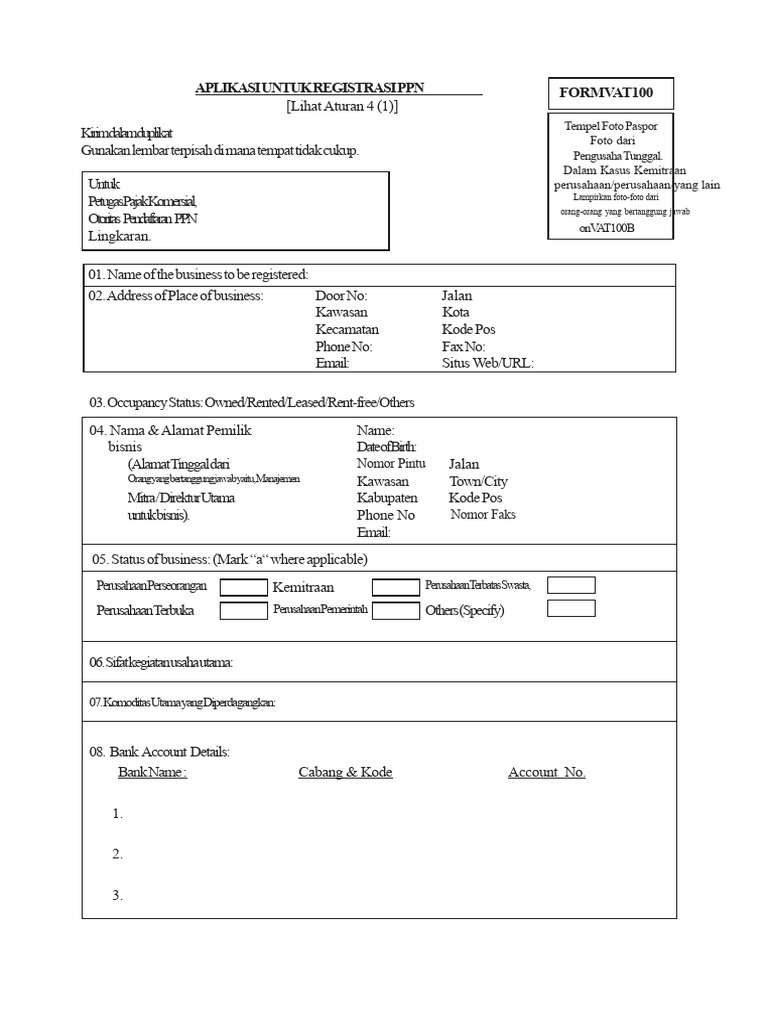 Panduan Registrasi PPN dengan Form VAT100 | PDF