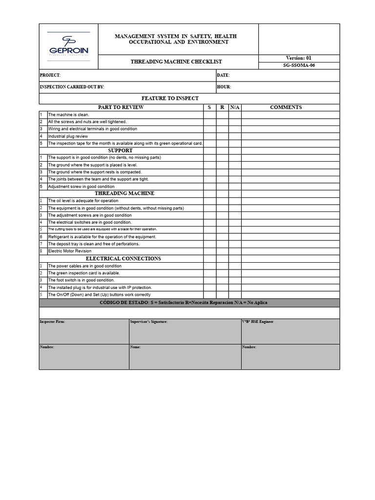 Threading Machine Safety Checklist | PDF | Screw | Electrical Connector