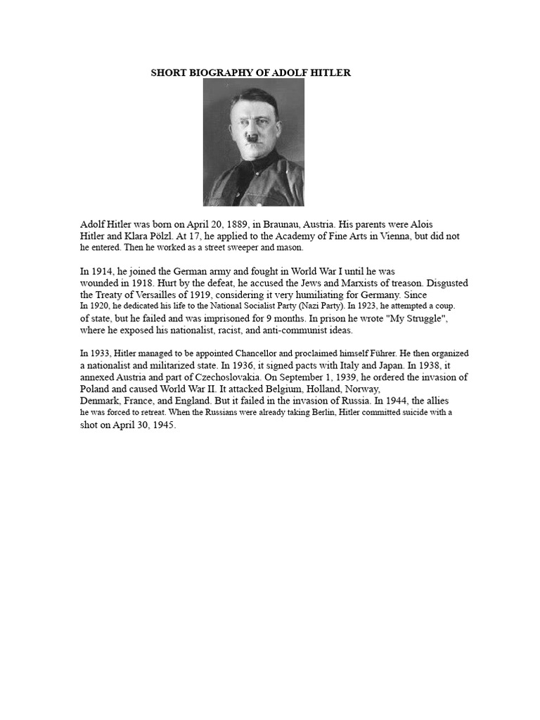 Short Biography of Adolf Hitler | PDF