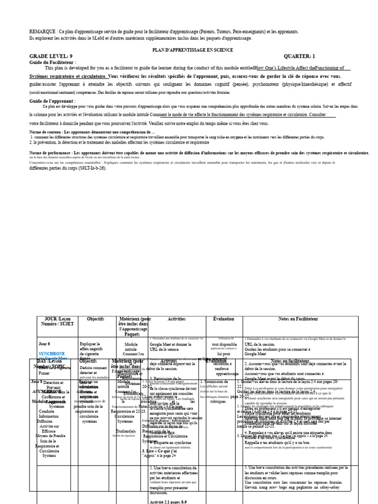 Plan D'apprentissage de Science de 9e Année - S1 - Semaine 2 | PDF ...