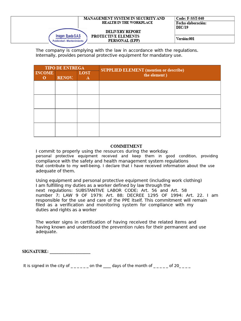 F-SST-040. PPE Delivery Record | PDF