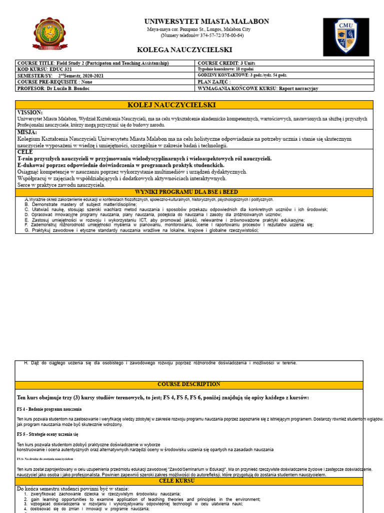 Nowy Szablon Programu Nauczania Obe Studia W Terenie 2 | PDF