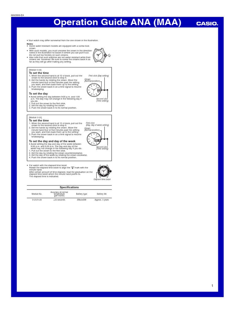 ANA Watch Operation Guide 5125/5128 | PDF | Equipment | Horology