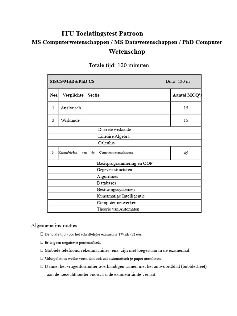ITU Graduate Admission Test Pattern 2021 MSCS DS Geüpdatet | PDF