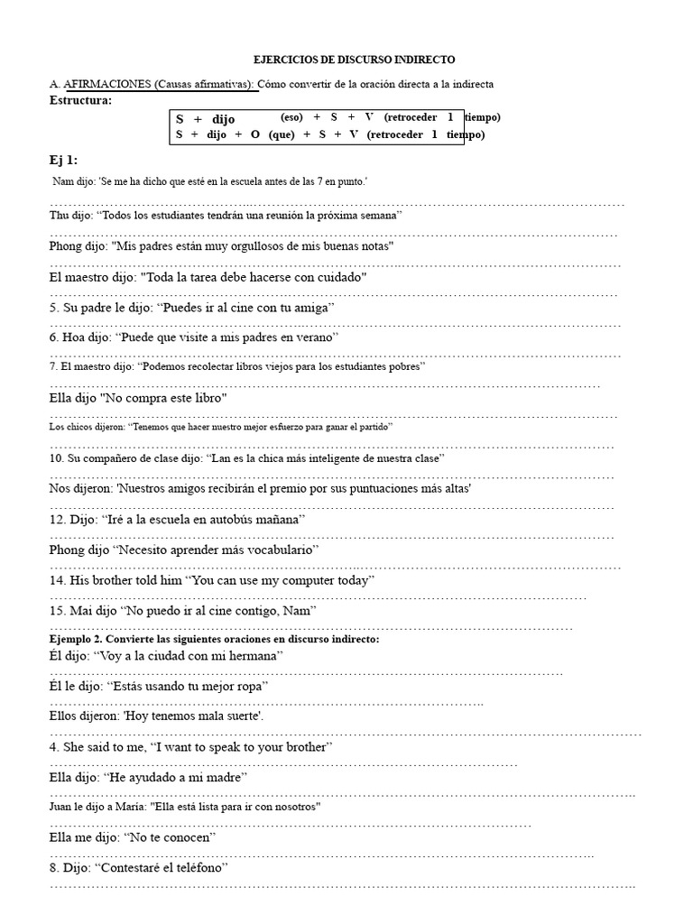 Ejercicios de Discurso Indirecto en Español | PDF | Sintaxis ...