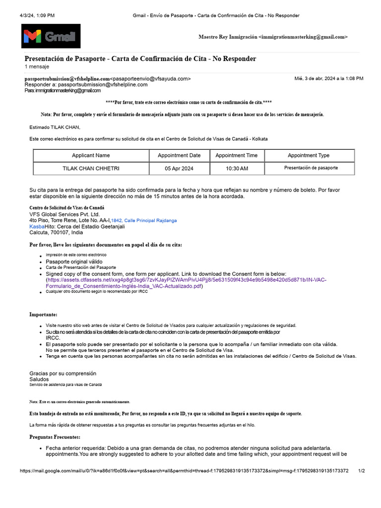 Gmail - Envío de Pasaporte - Carta de Confirmación de Cita - No ...